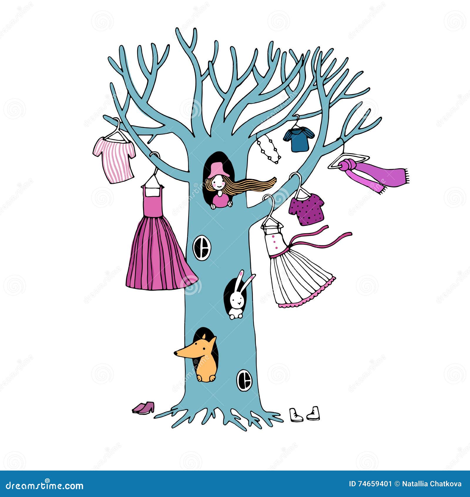 Magic tree with clothes. stock vector. Illustration of book - 74659401