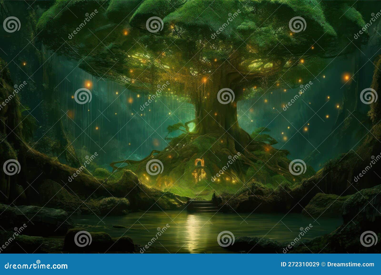Magic Tree in Enchanted Forest. Generative AI Stock Illustration ...