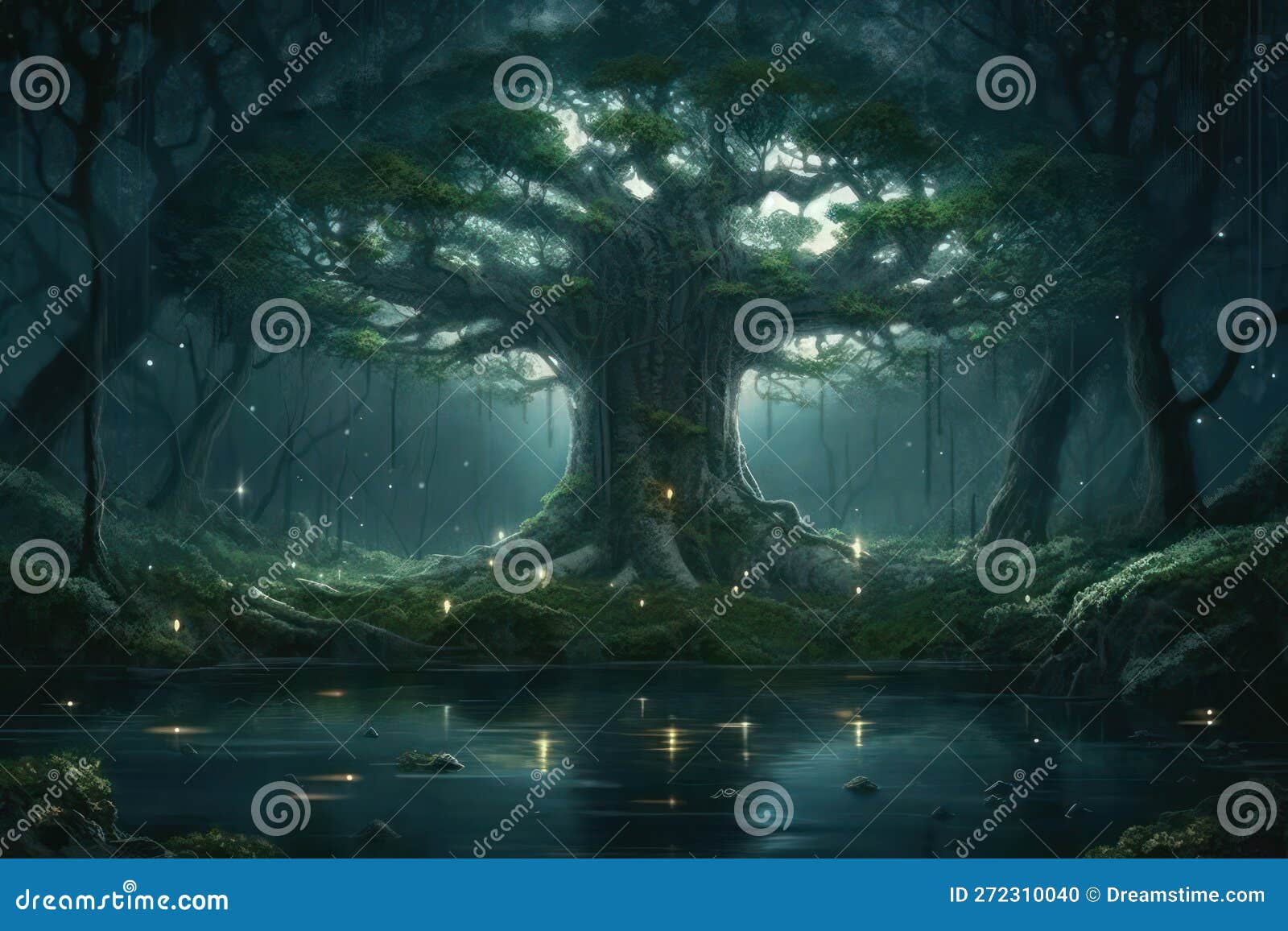 Magic Tree in Enchanted Forest. Generative AI Stock Illustration ...