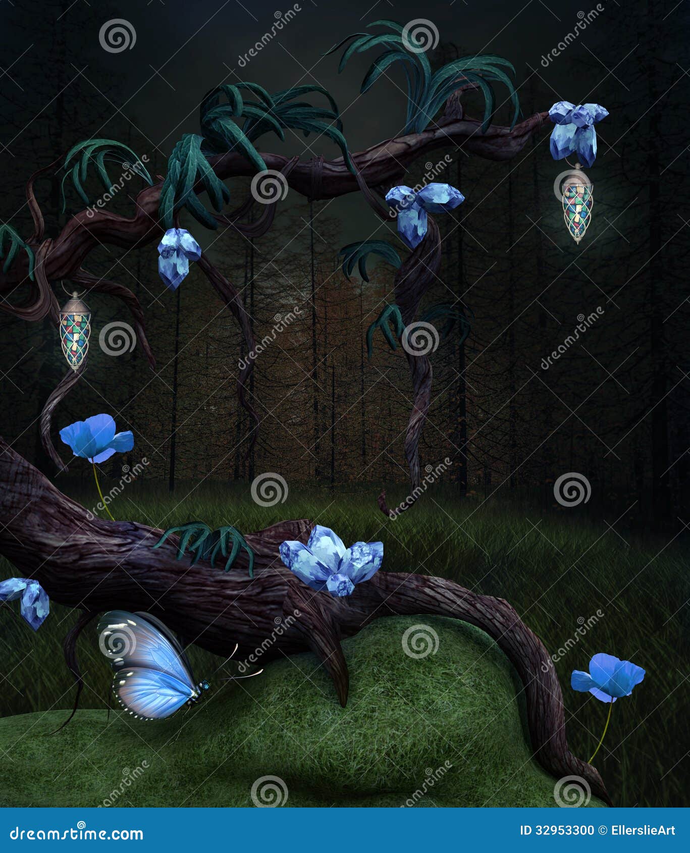 Magic Tree Vector Fantasy Forest With Cartoon Treetops And Magical ...