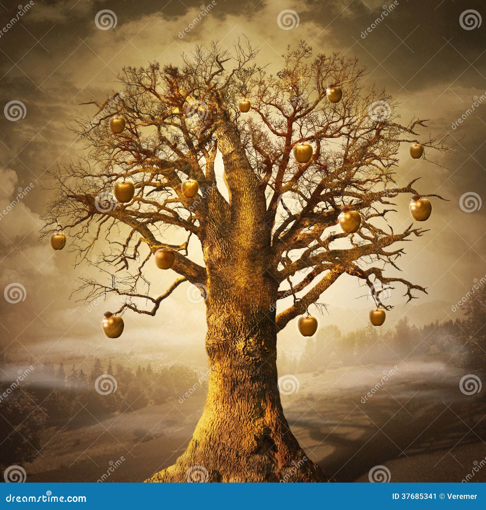 Magic Tree with Golden Apples. Stock Image - Image of mystery ...