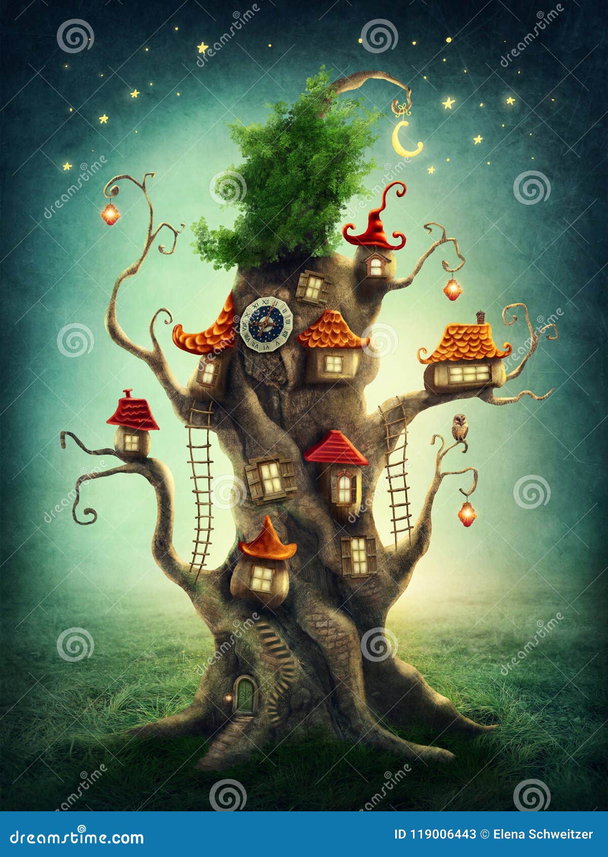 Magic Tree Vector Fantasy Forest With Cartoon Treetops And Magical ...