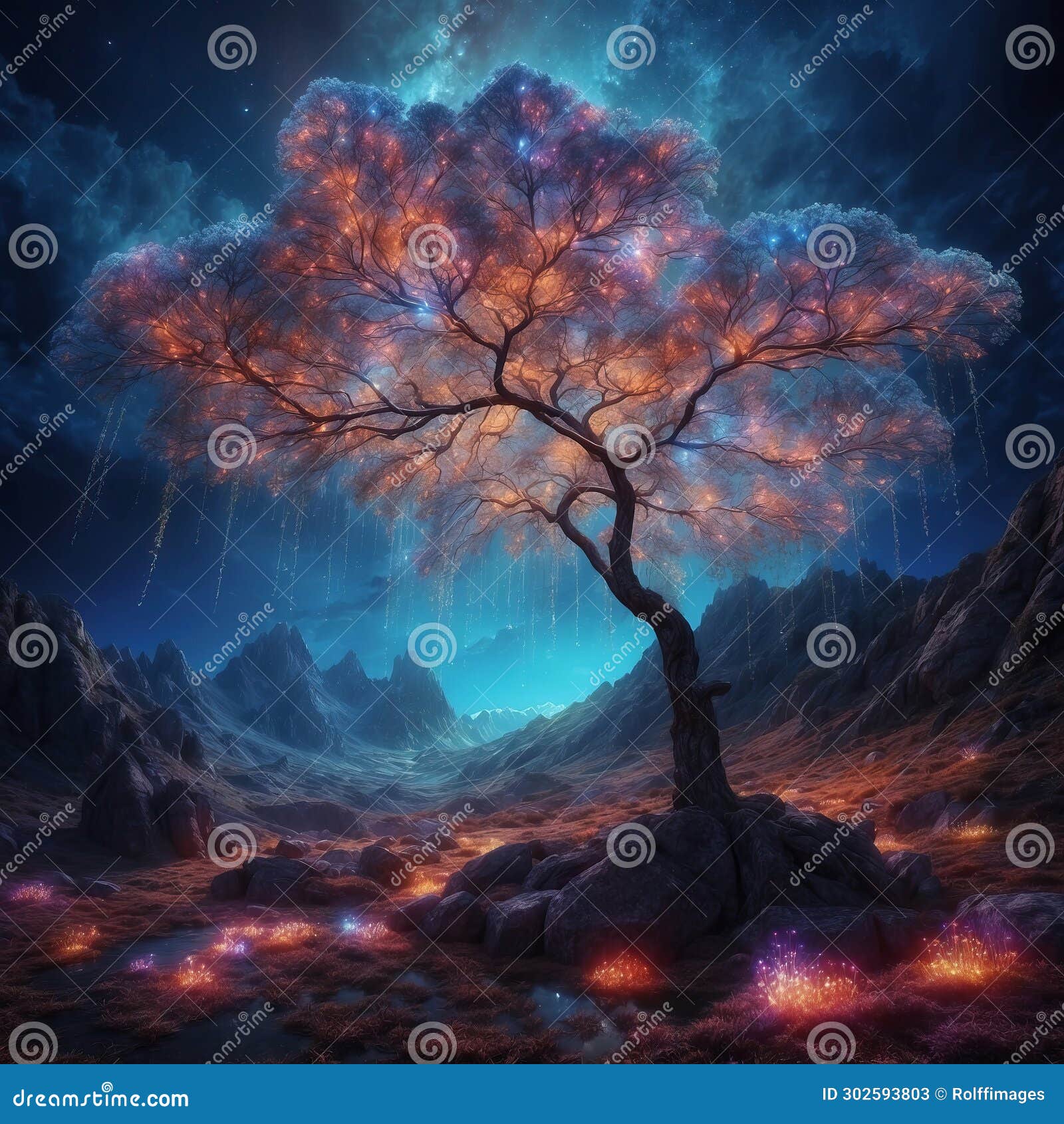 Magic Tree in the Light of the Stars Stock Illustration - Illustration ...
