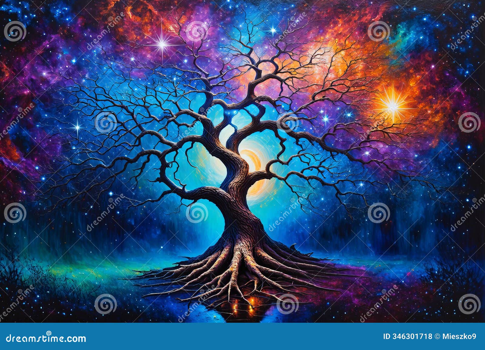 Magic Tree in the Night Sky with Stars and Nebula. Illustration Stock ...