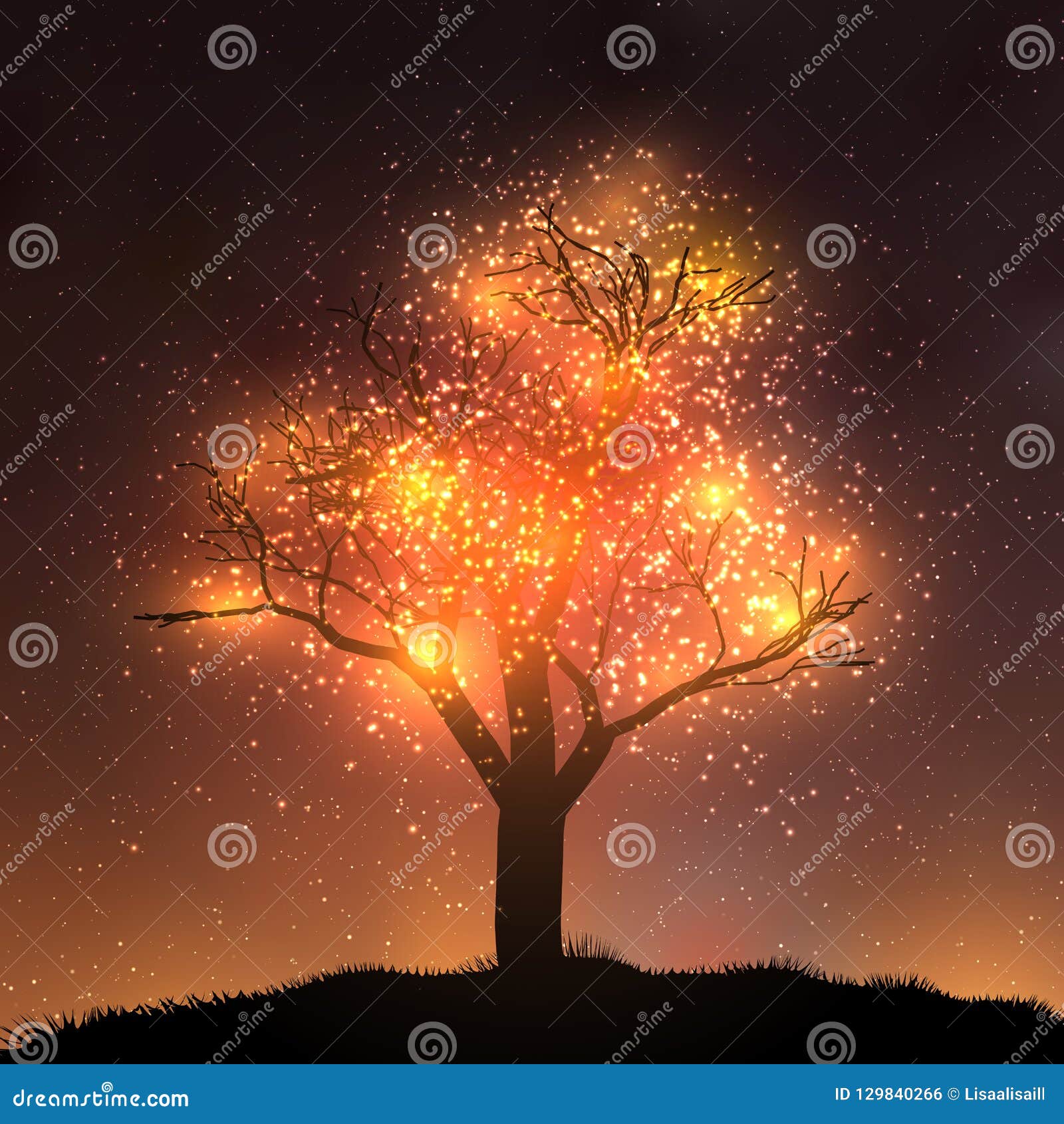 Magic Tree Illustration. Tree Silhouette on Hill with Shiny Stars ...