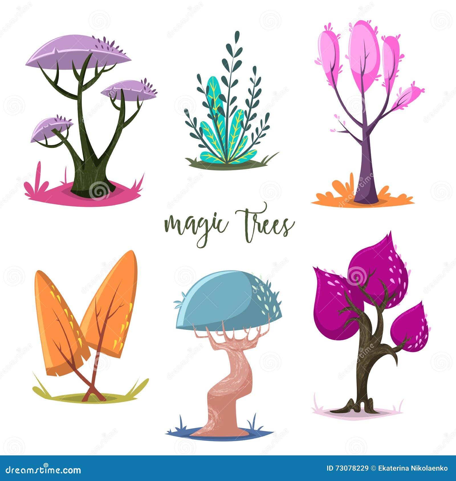 Set With Magic Trees. Fairy Forest. Hand Drawing Isolated Objects On ...