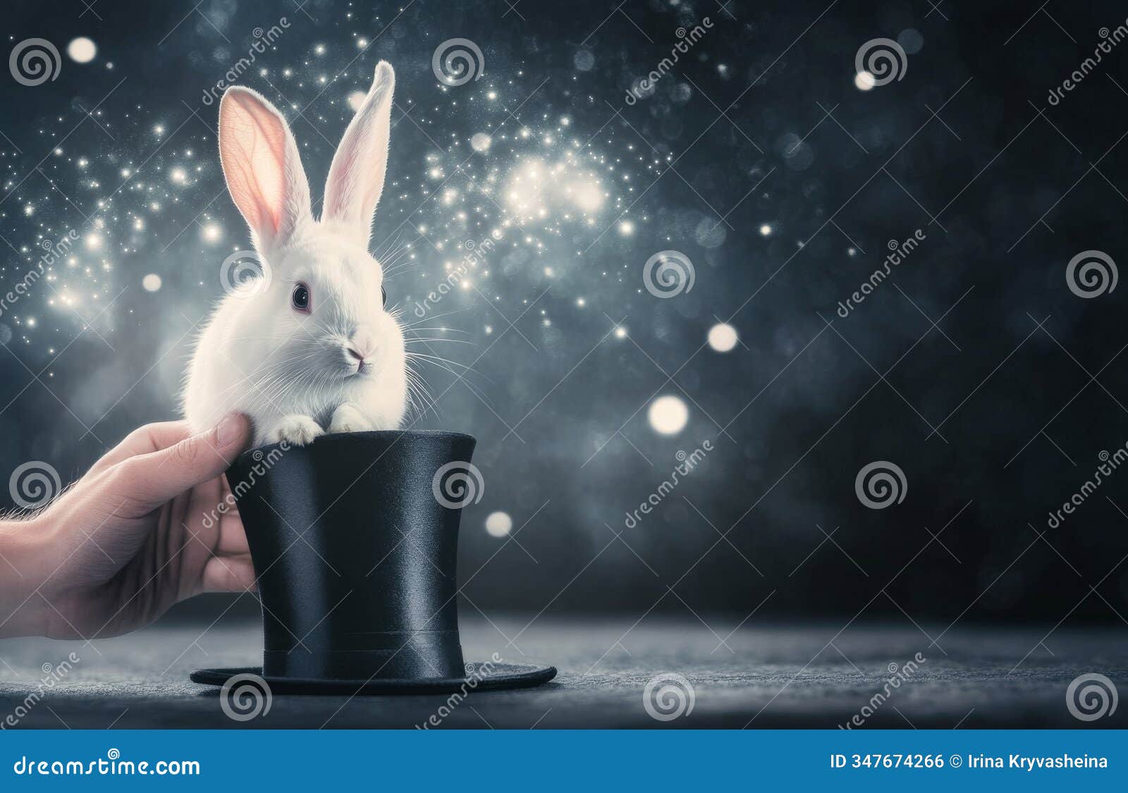 Magic Trick Featuring a White Rabbit Emerging from a Black Top Hat in a ...