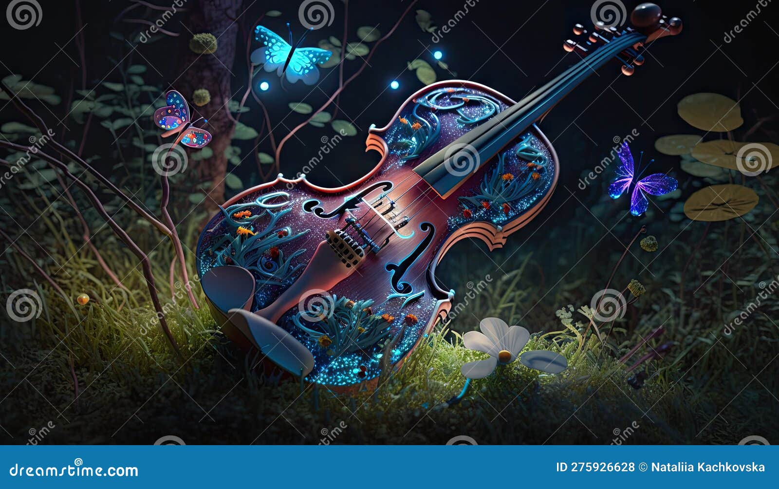 Magic violin on the meadow stock illustration. Illustration of music ...