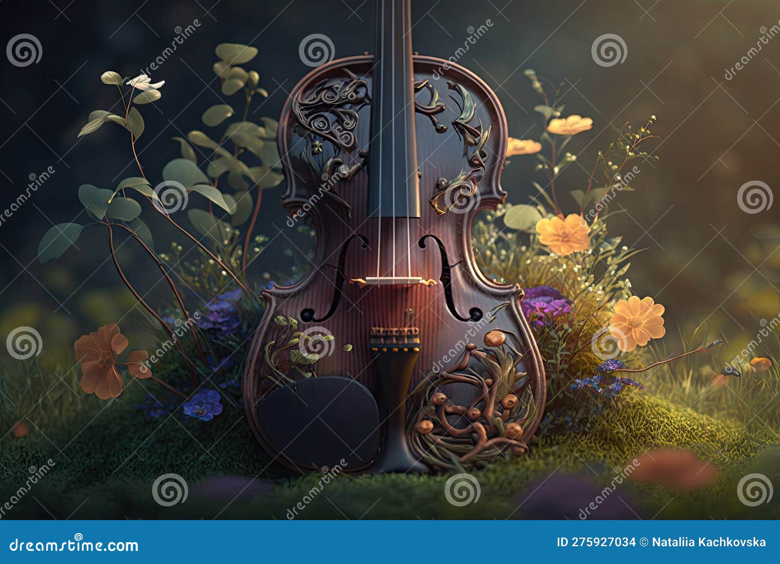 Magic violin on the meadow stock illustration. Illustration of rural ...