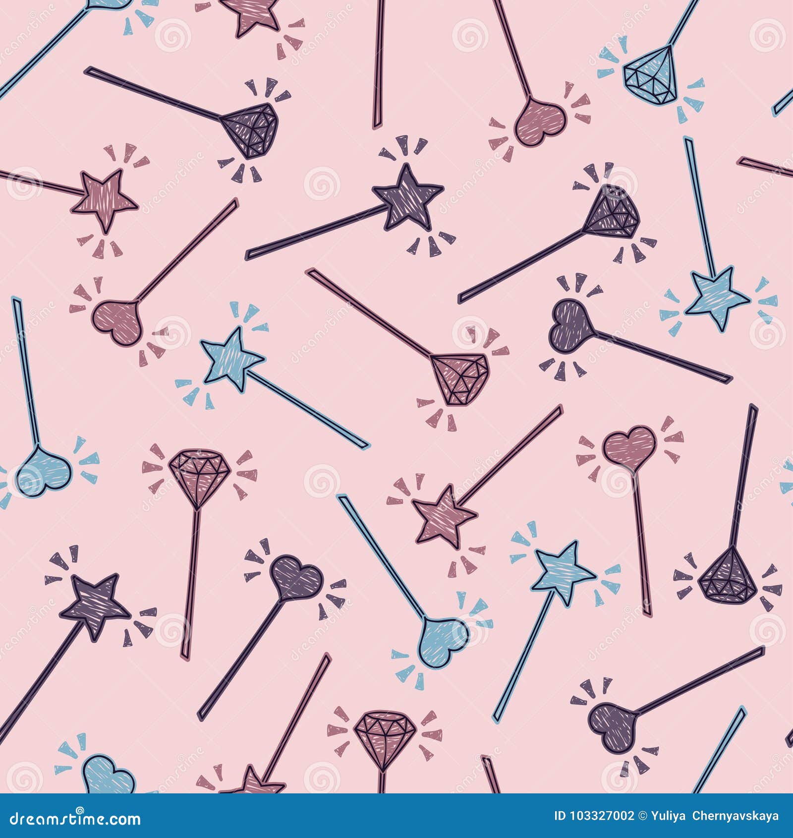 Magic Wand Seamless Pattern in Hand Drawing Style. Colorful Vector ...