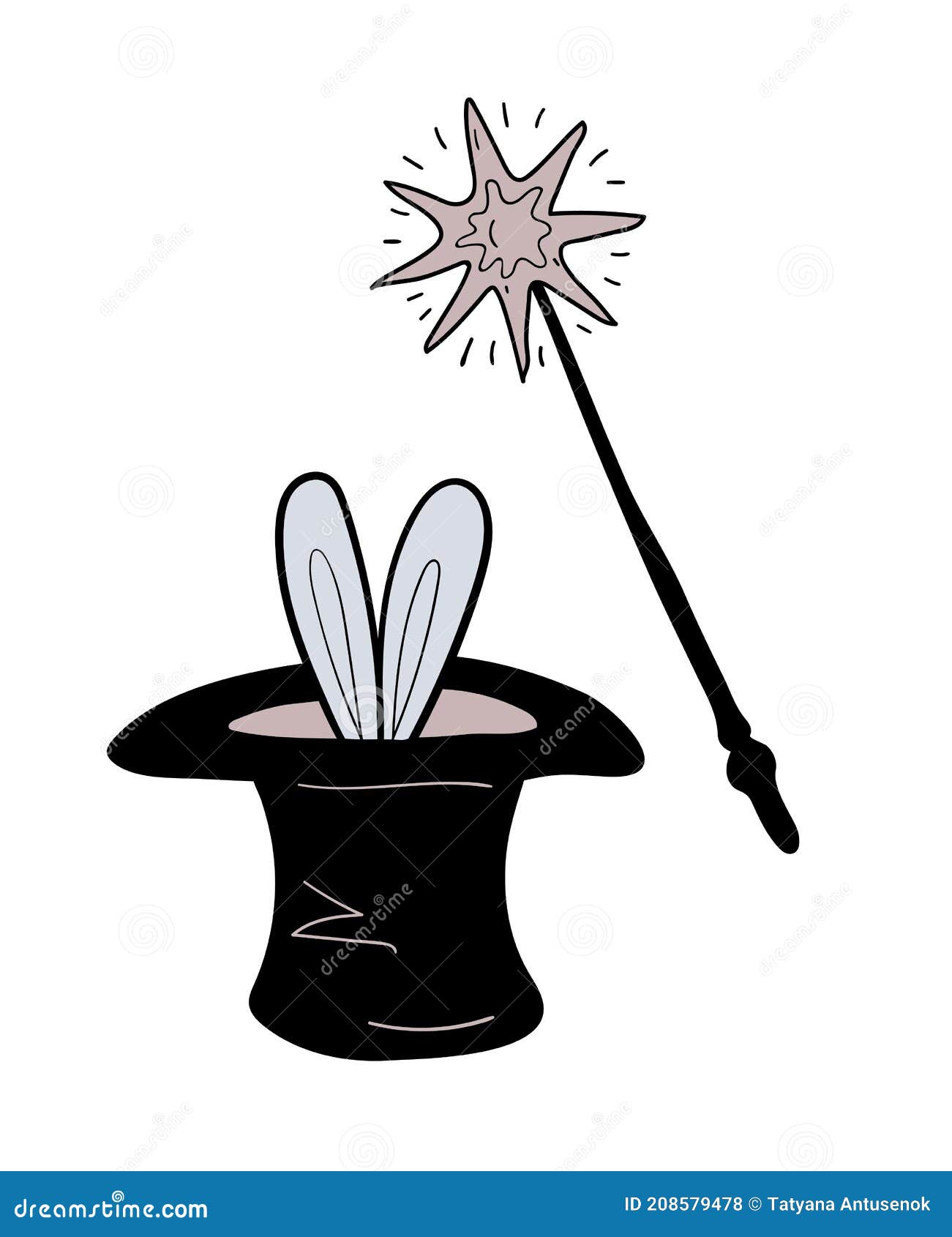 Magic Wand and Top Hat with Rabbit Ears, Simple Hand Drawn Vector ...