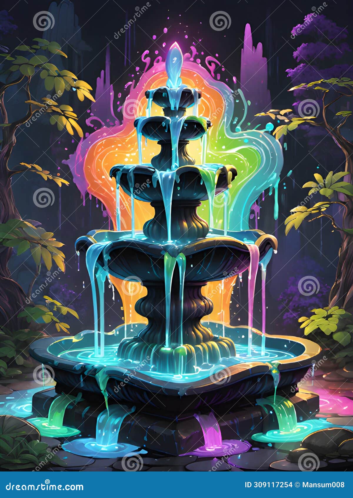 Magic Waterfall in the Forest with Magic Neon Lights, Illustration ...