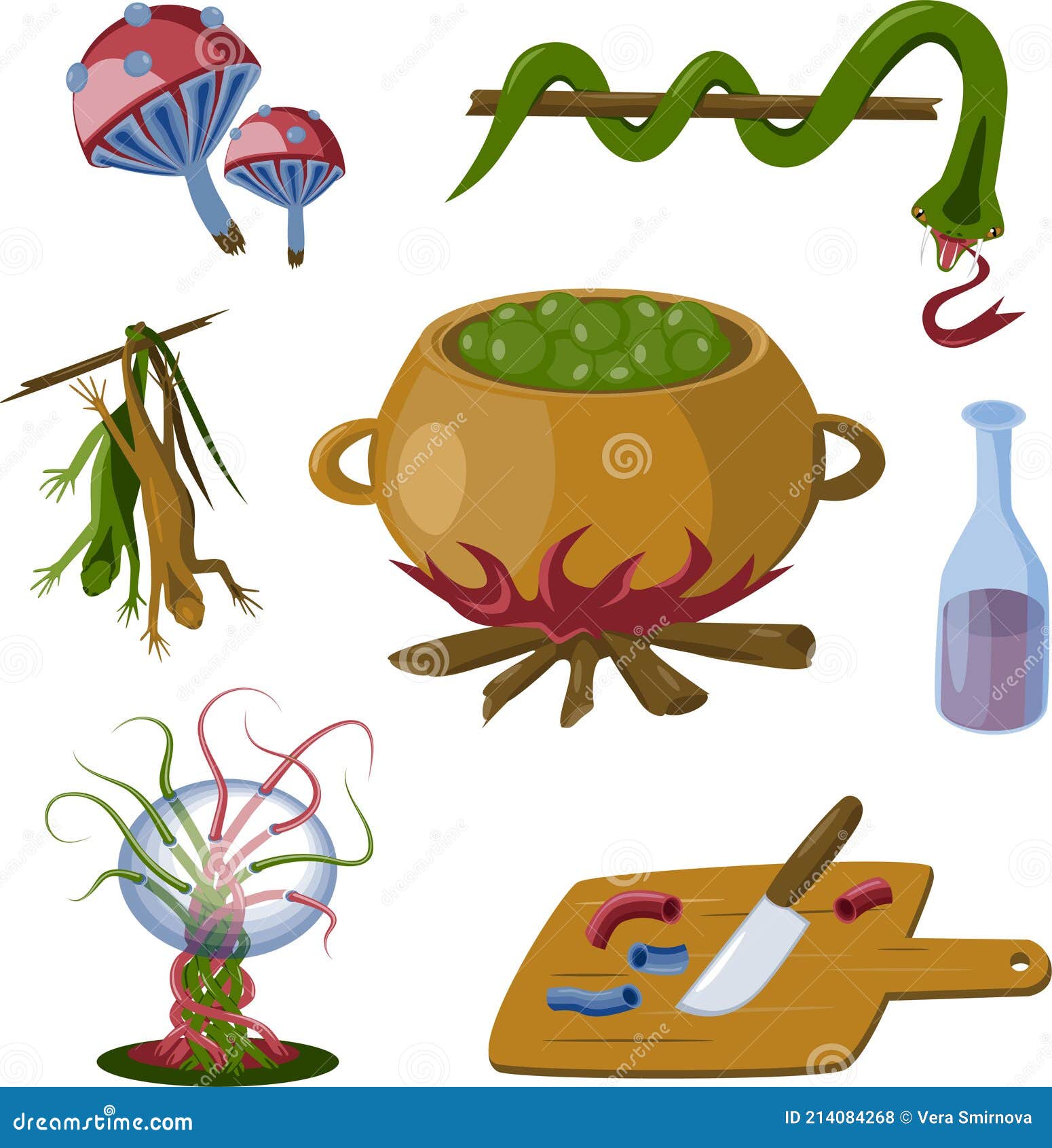Magic Witch Set. Poison Mushrooms, Snake, Lizards, Cauldron, Bottle ...