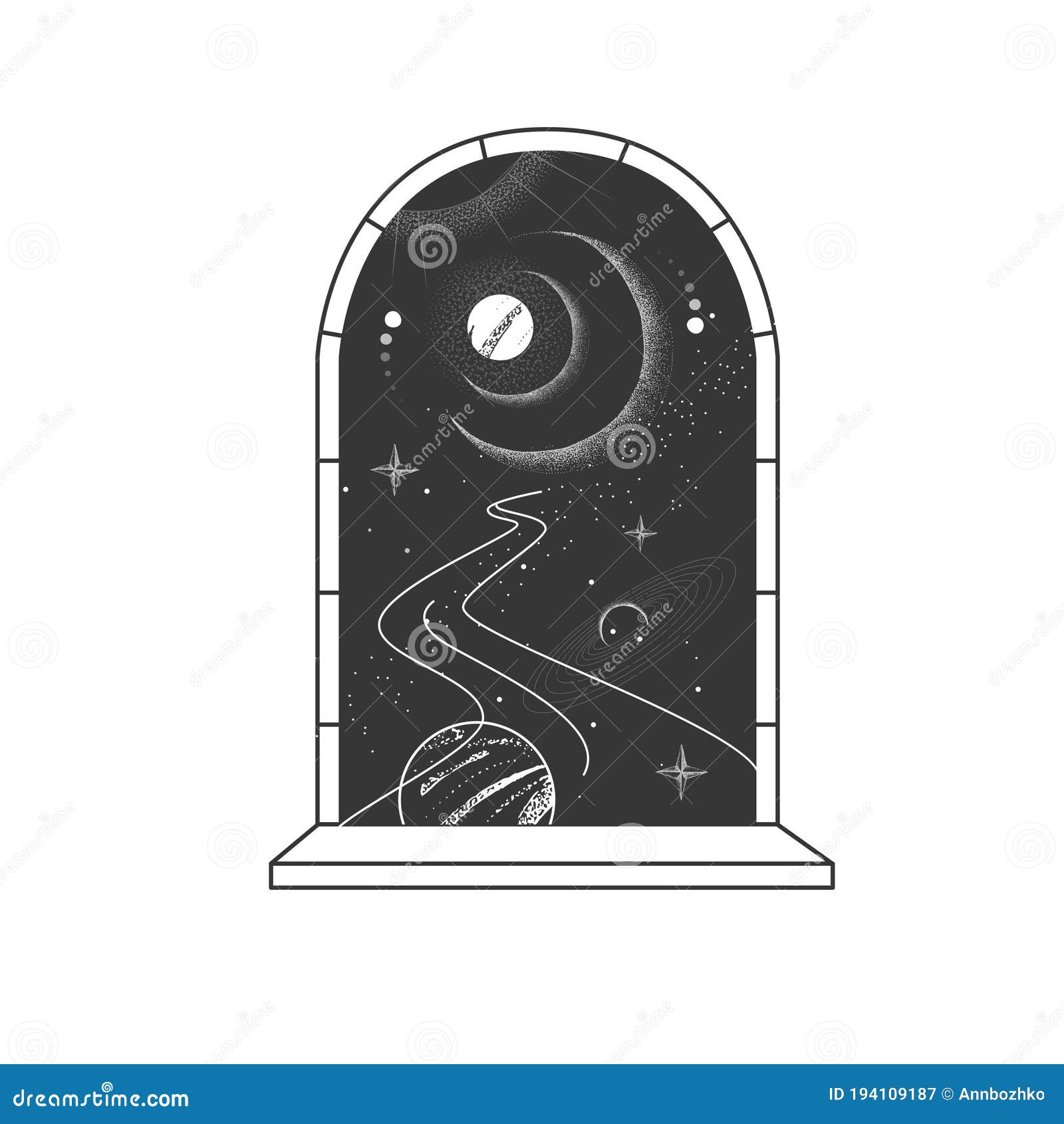 Magic Witchcraft Open Window Silhouette with Full Moon on Outer Space ...