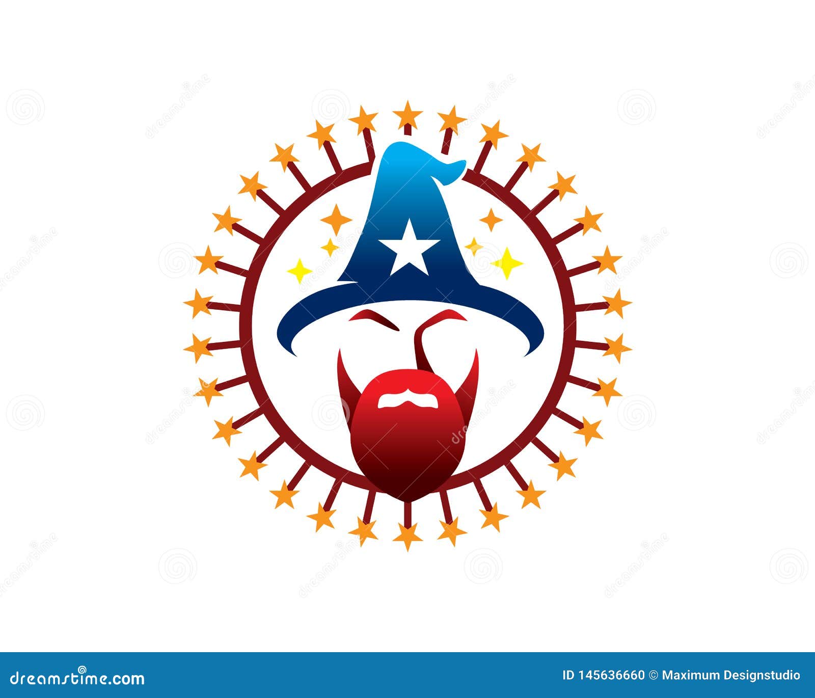 Magic Wizard Head with Beard and Star Hat in Fireworks Emblem Logo with ...