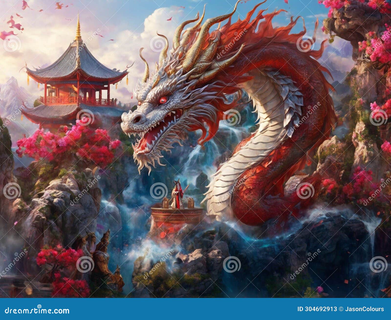 Magic World with Chinese Beautiful Dragon - Ai Illustration Stock ...