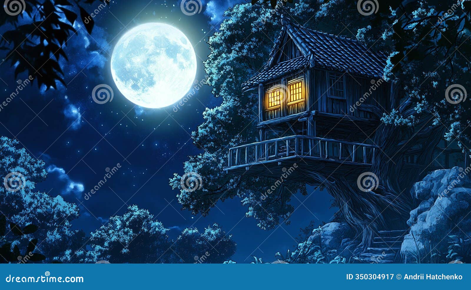 A Magical Anime Treehouse Glowing in the Moonlight. Stock Illustration ...