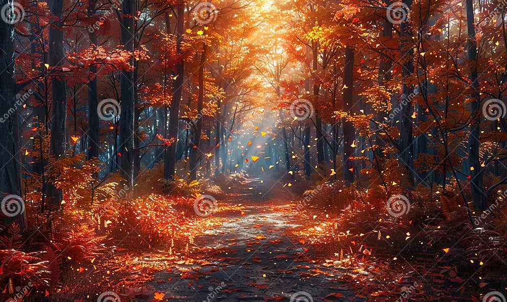 Magical Autumn Forest Path with Falling Leaves Stock Image - Image of ...