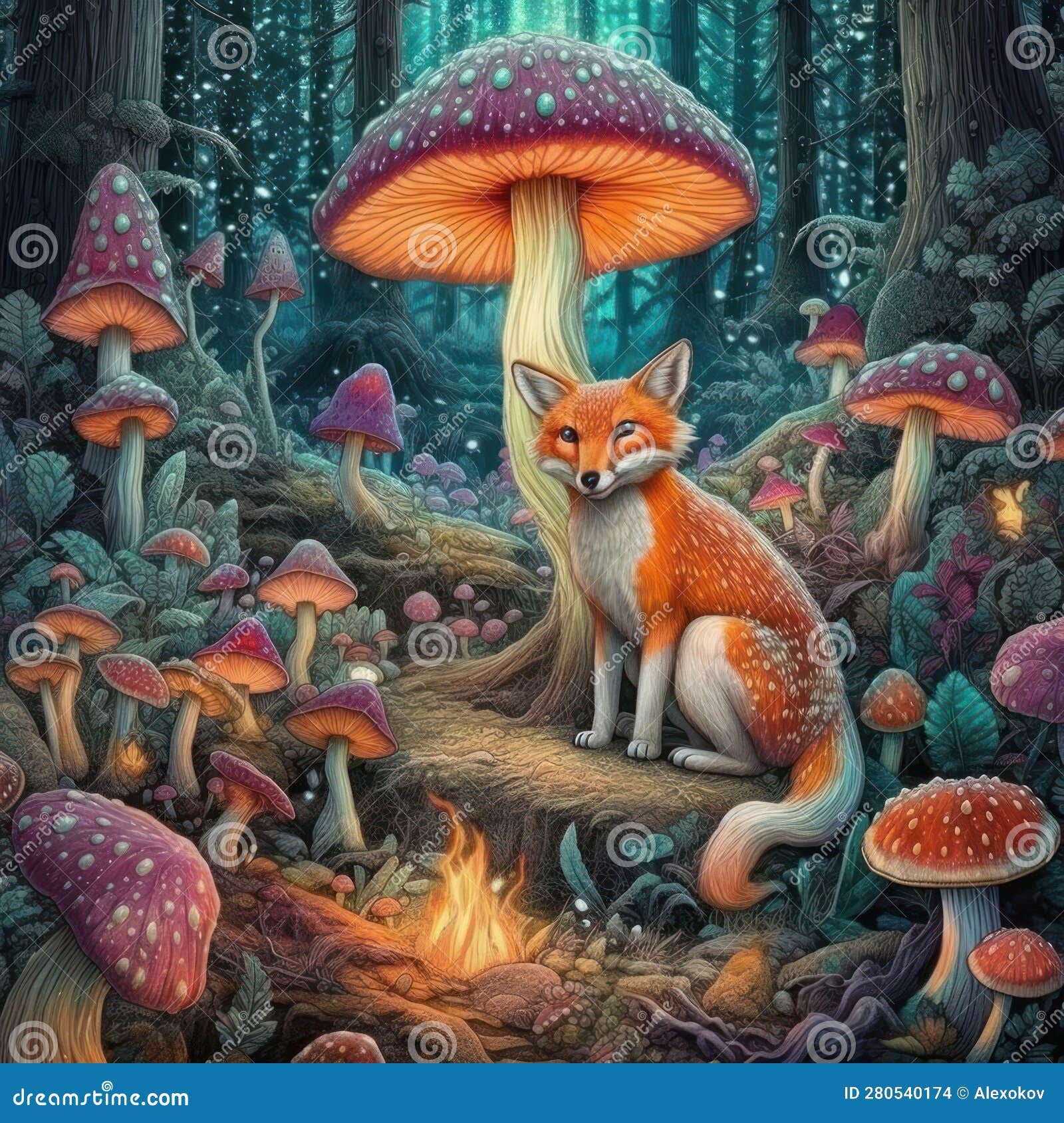 Magical Baby Fox in a Clearing Surrounded by Tall Flying Mushrooms ...