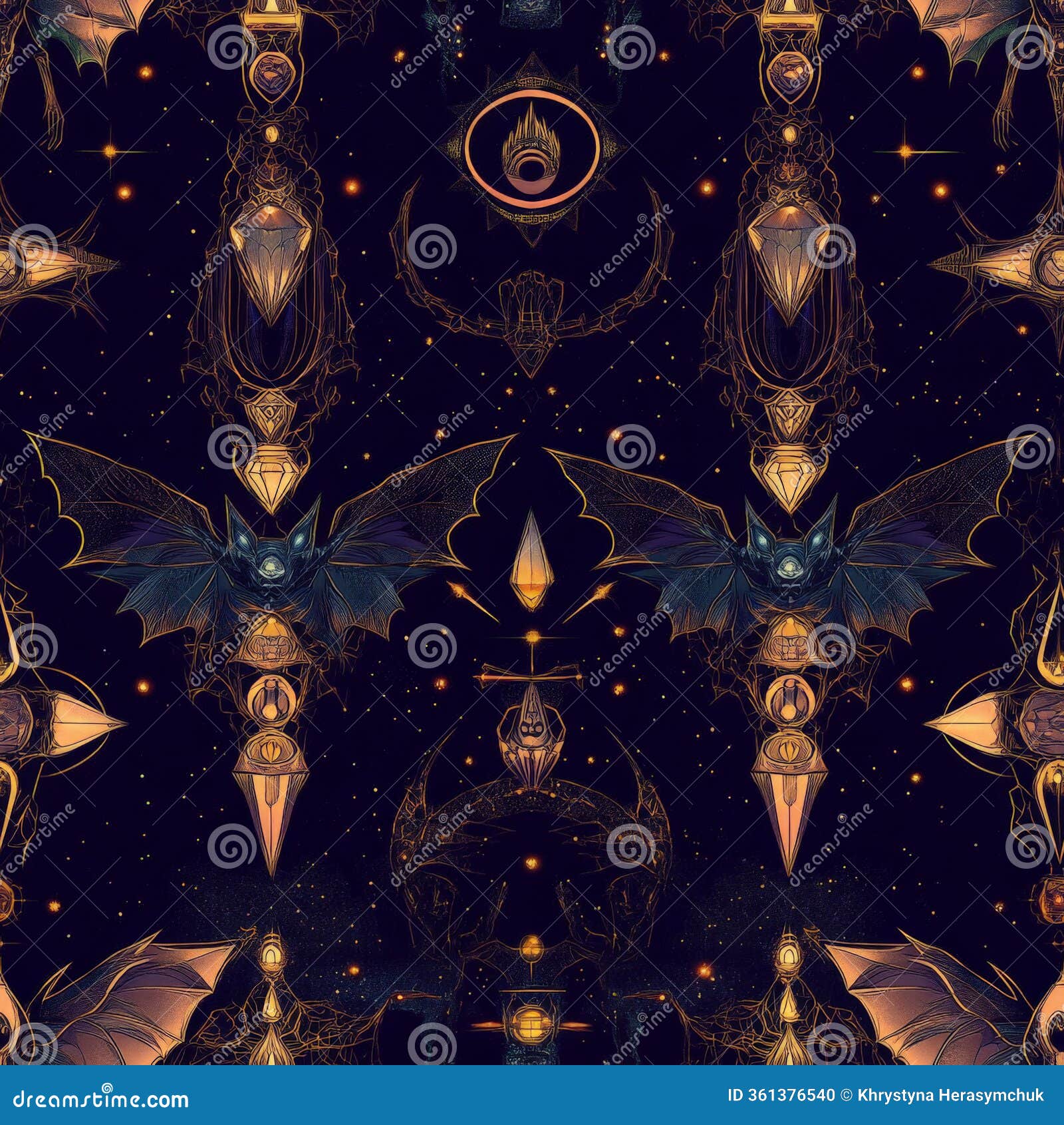 A Magical Bat and Crystal Pattern with Mystical Symbols and Celestial ...