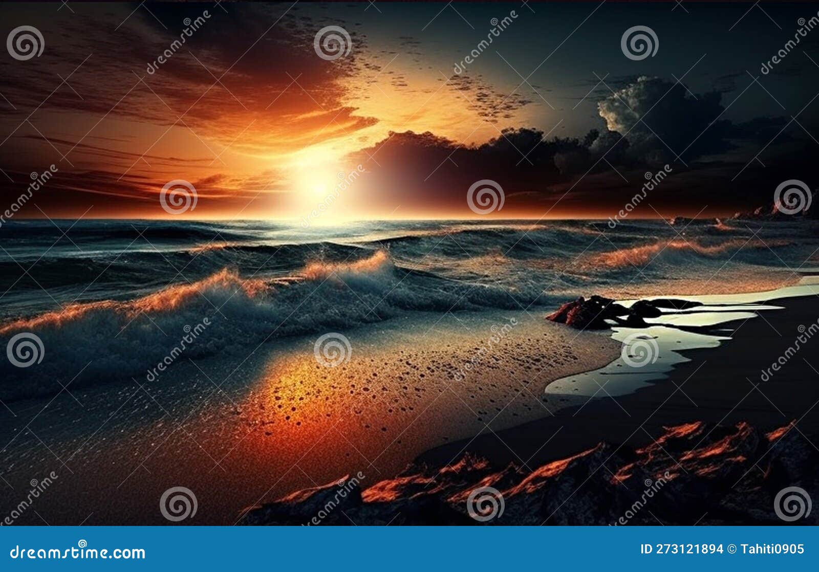 Magical beach at sunset stock illustration. Illustration of ocean ...