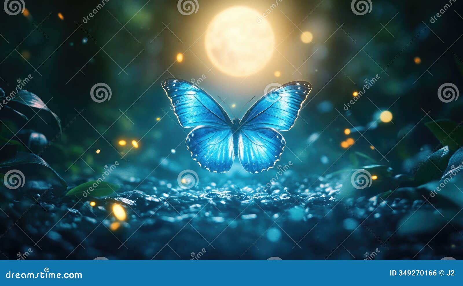 Magical Blue Butterfly Under Moonlit Forest Glow Stock Photo - Image of ...