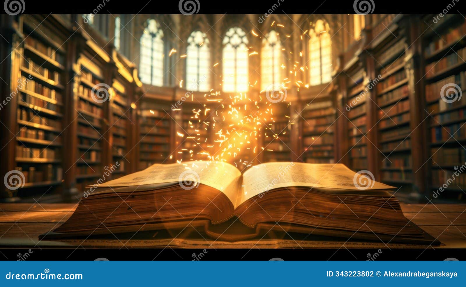 Magical Book in Enchanted Library with Glowing Sparks and Sunlight ...