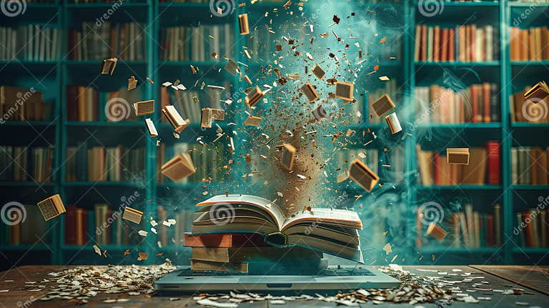 Magical Books Exploding in a Library with Blue Shelves, Conceptual Art ...