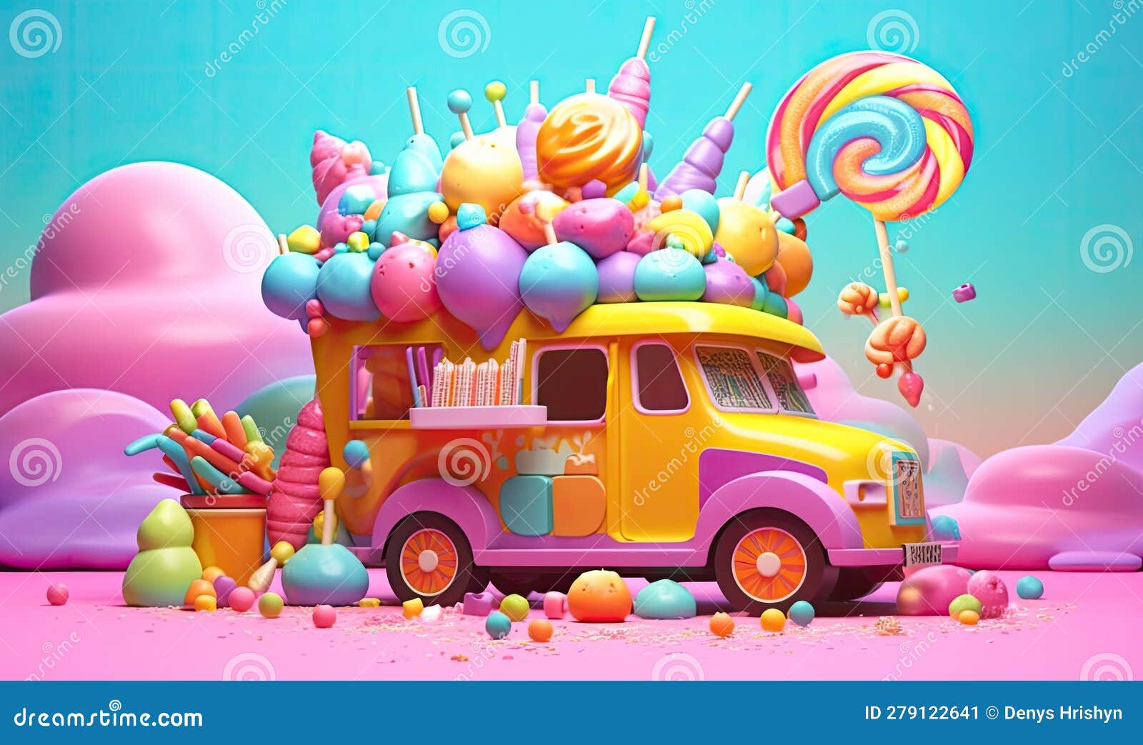Magical Candyland Food Truck Surrounded by Clouds of Cotton Candy ...