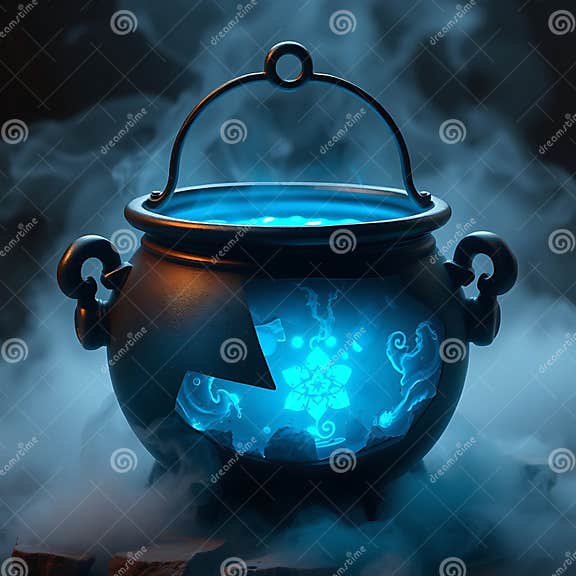 A Magical Cauldron Glowing with Blue Potion and Surrounded by Mist ...