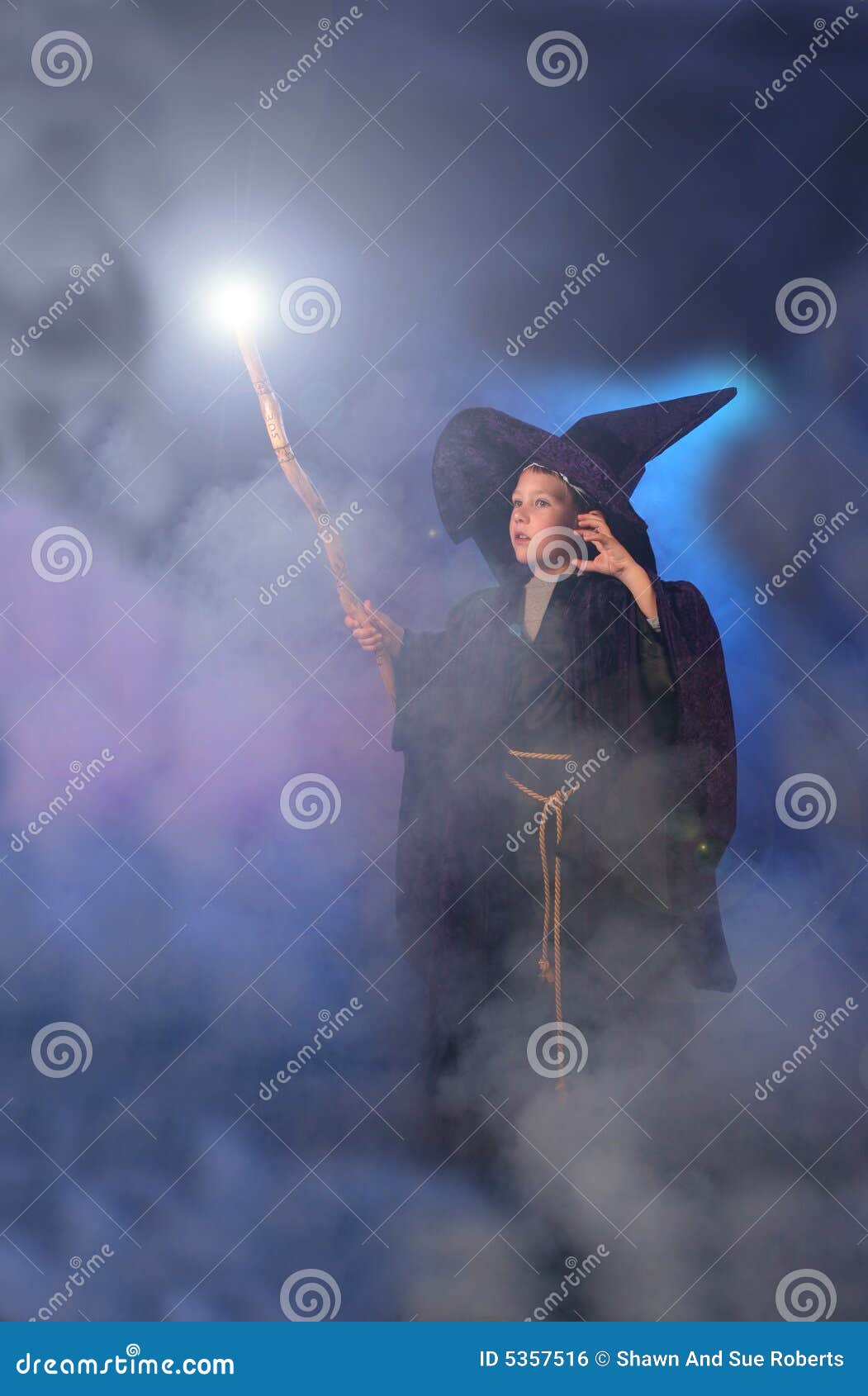 Magical Child in Wizard Costume Stock Photo - Image of robes, staff ...