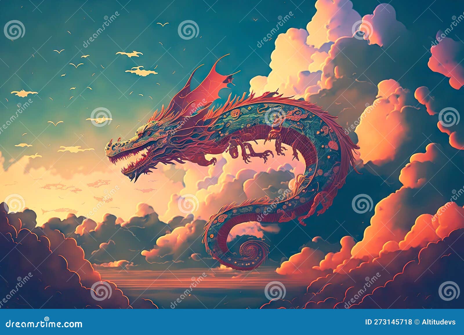 Magical Chinese Red Dragons Flying High in Clouds Stock Illustration ...