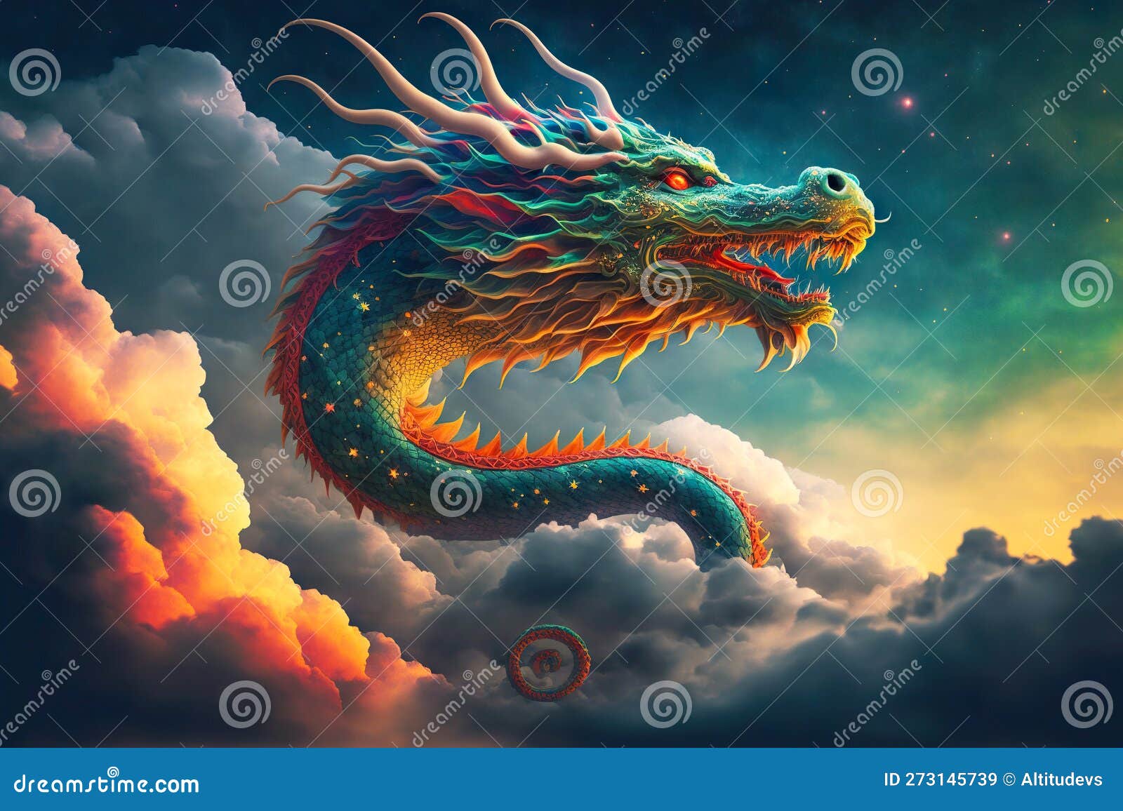 Two Dragons Flying Above The Waves (serpents) In Japanese New Year ...