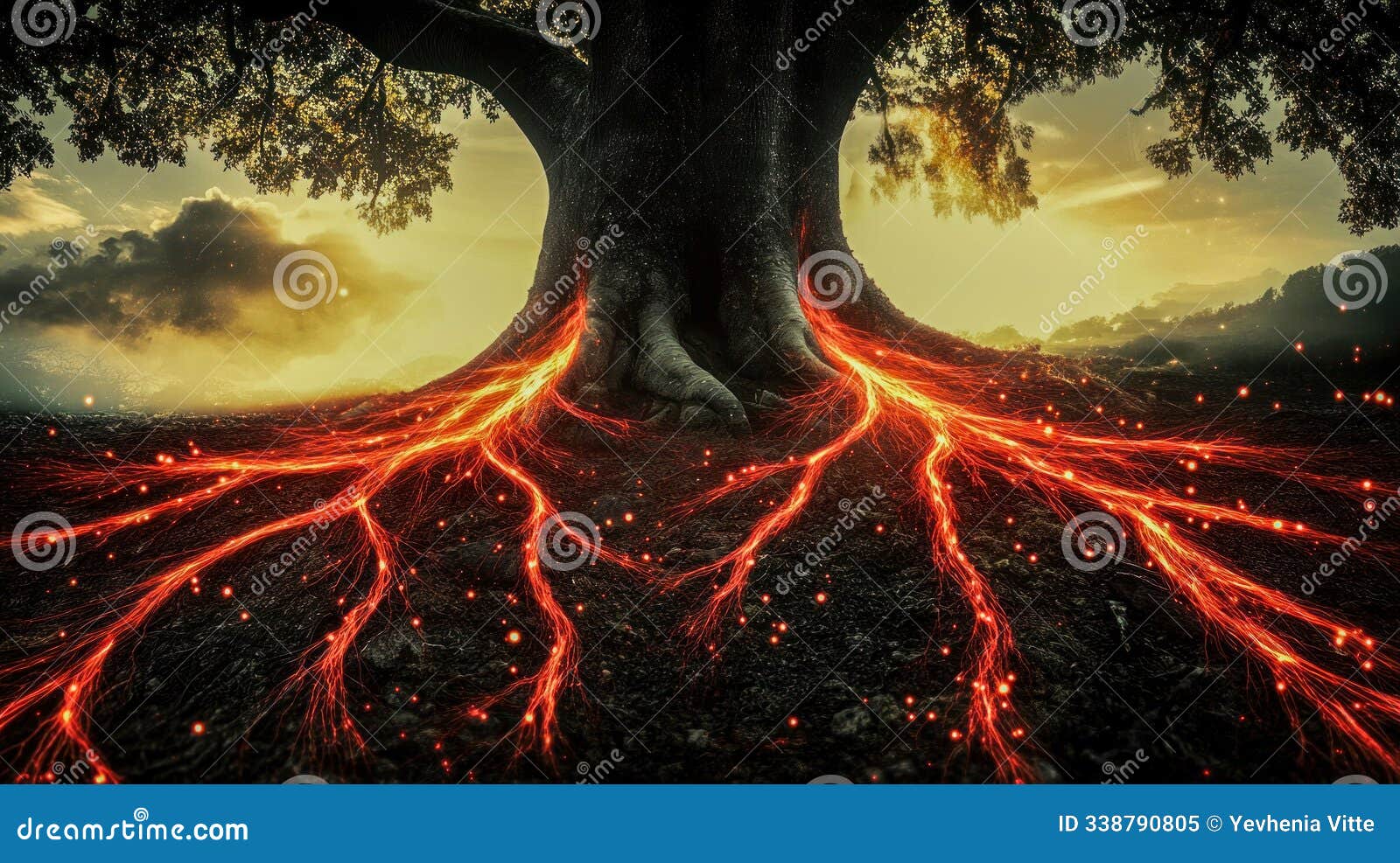 Magical Connection of Ancient Tree Roots at Sunset. Generative Ai Stock ...