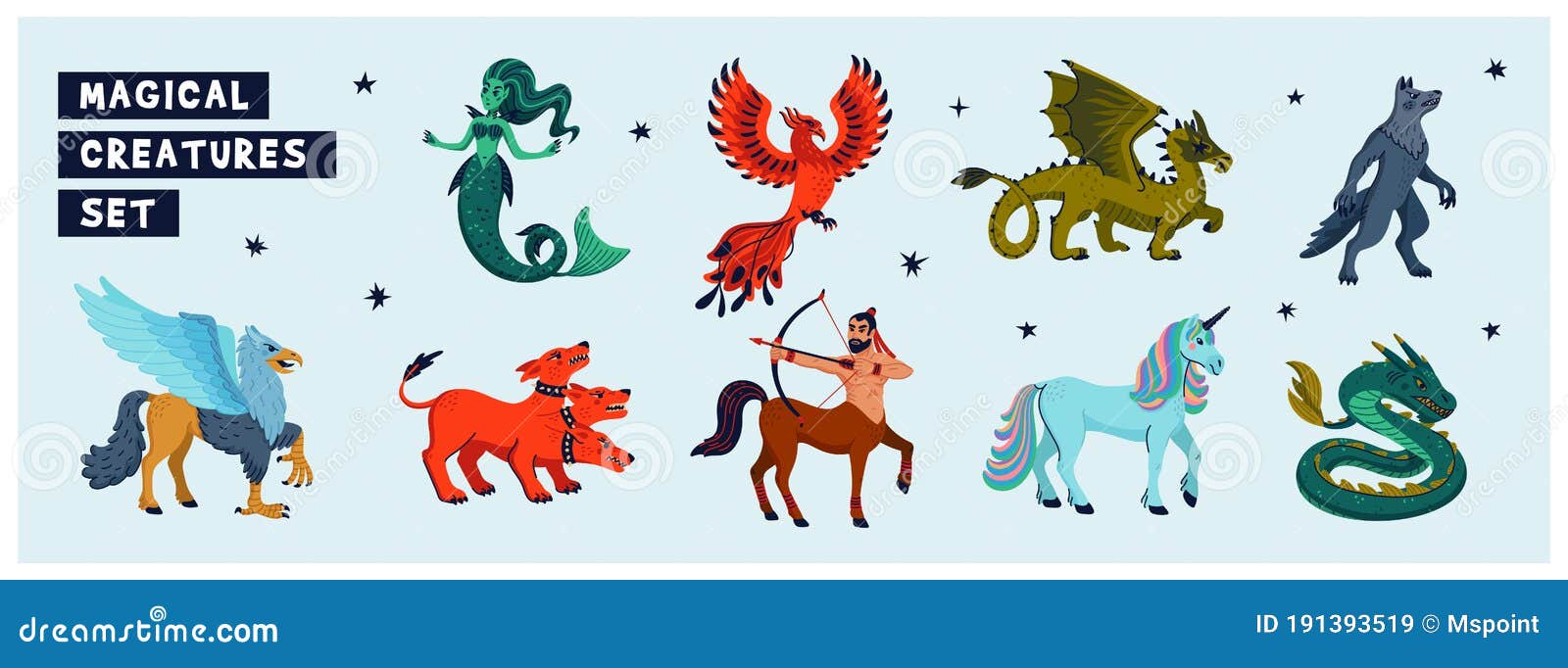 Magical Creatures Set. Mythological Animals. Flat Style Vector ...
