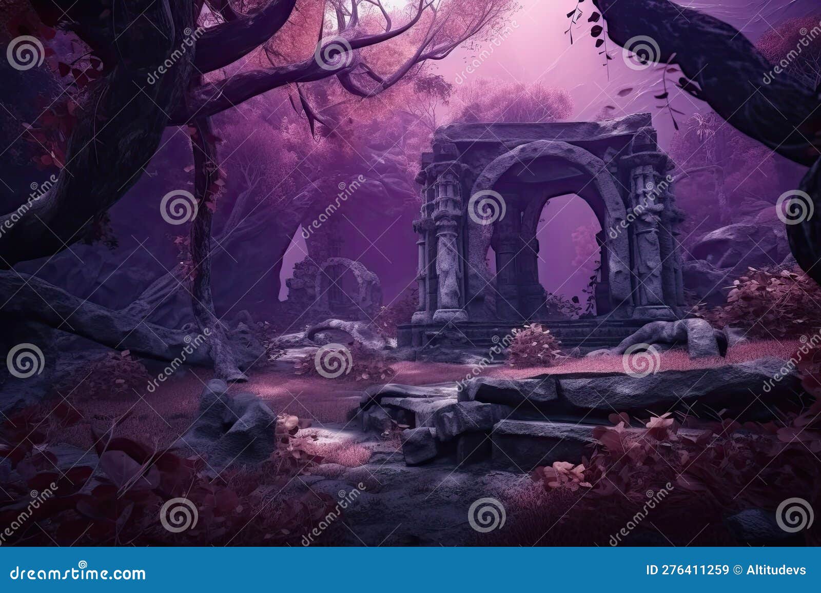 Magical Dark Purple Forest with Ruins of Ancient Civilization Stock ...