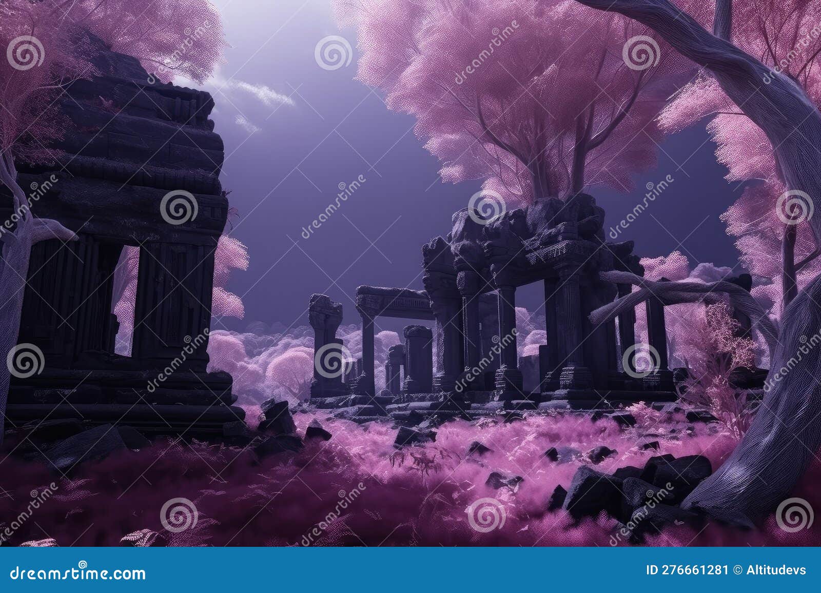 Magical Dark Purple Forest with Ruins of Ancient Civilization Stock ...