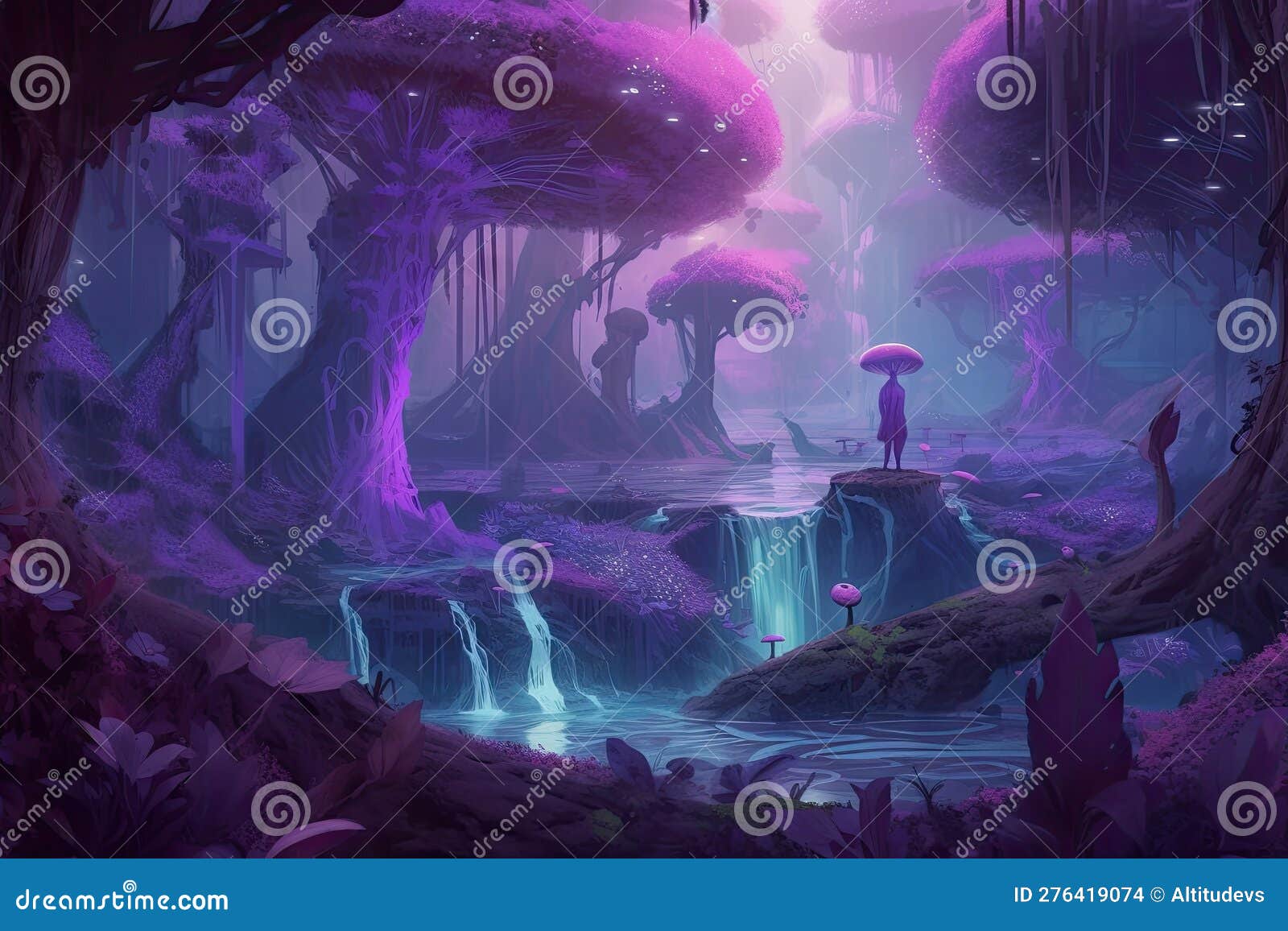 Magical Dark Purple Forest with Waterfall and Magical Creatures Stock ...