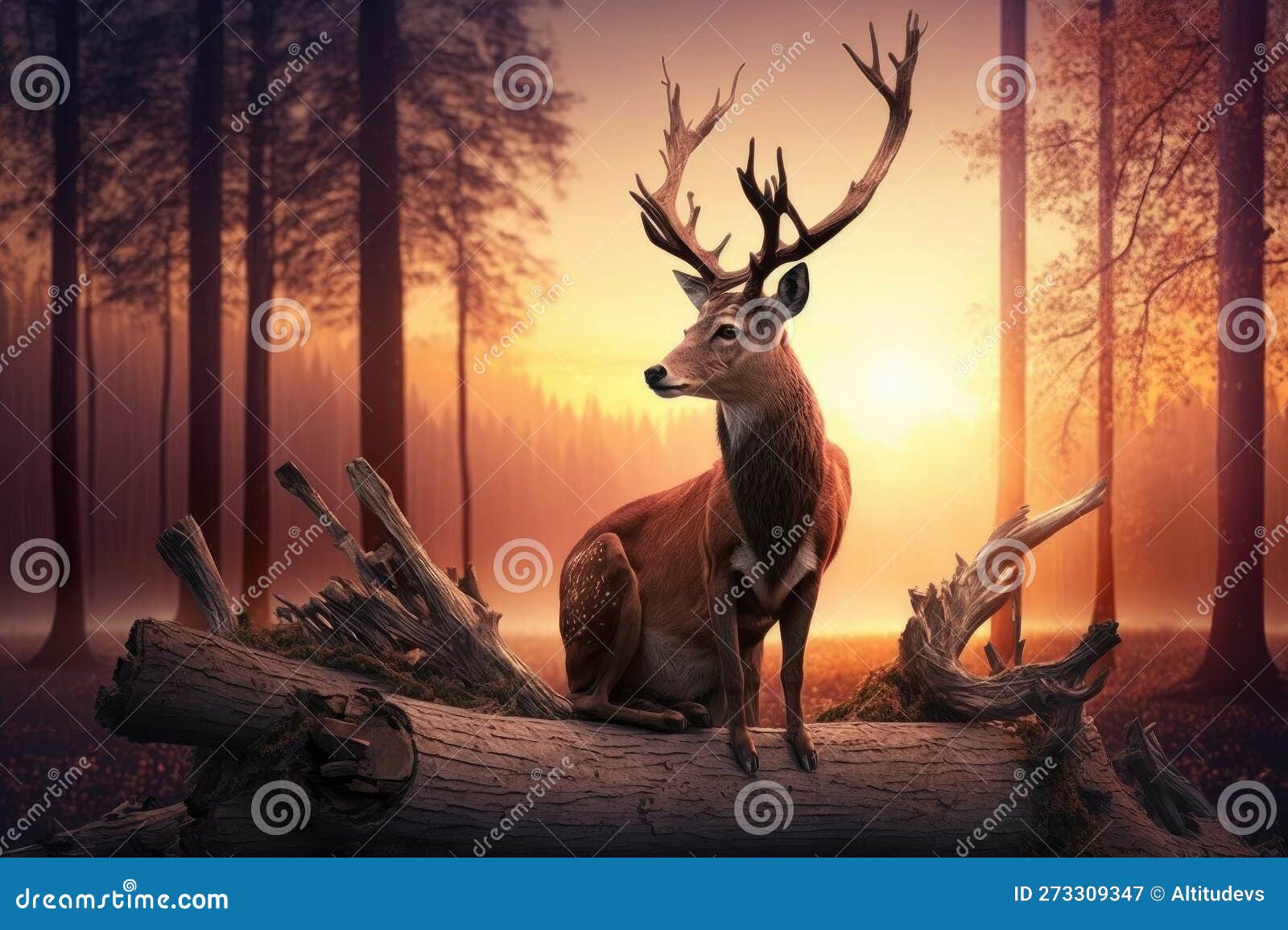 Magical Deer Sitting on Fallen Tree Trunk in a Forest, with the View of ...