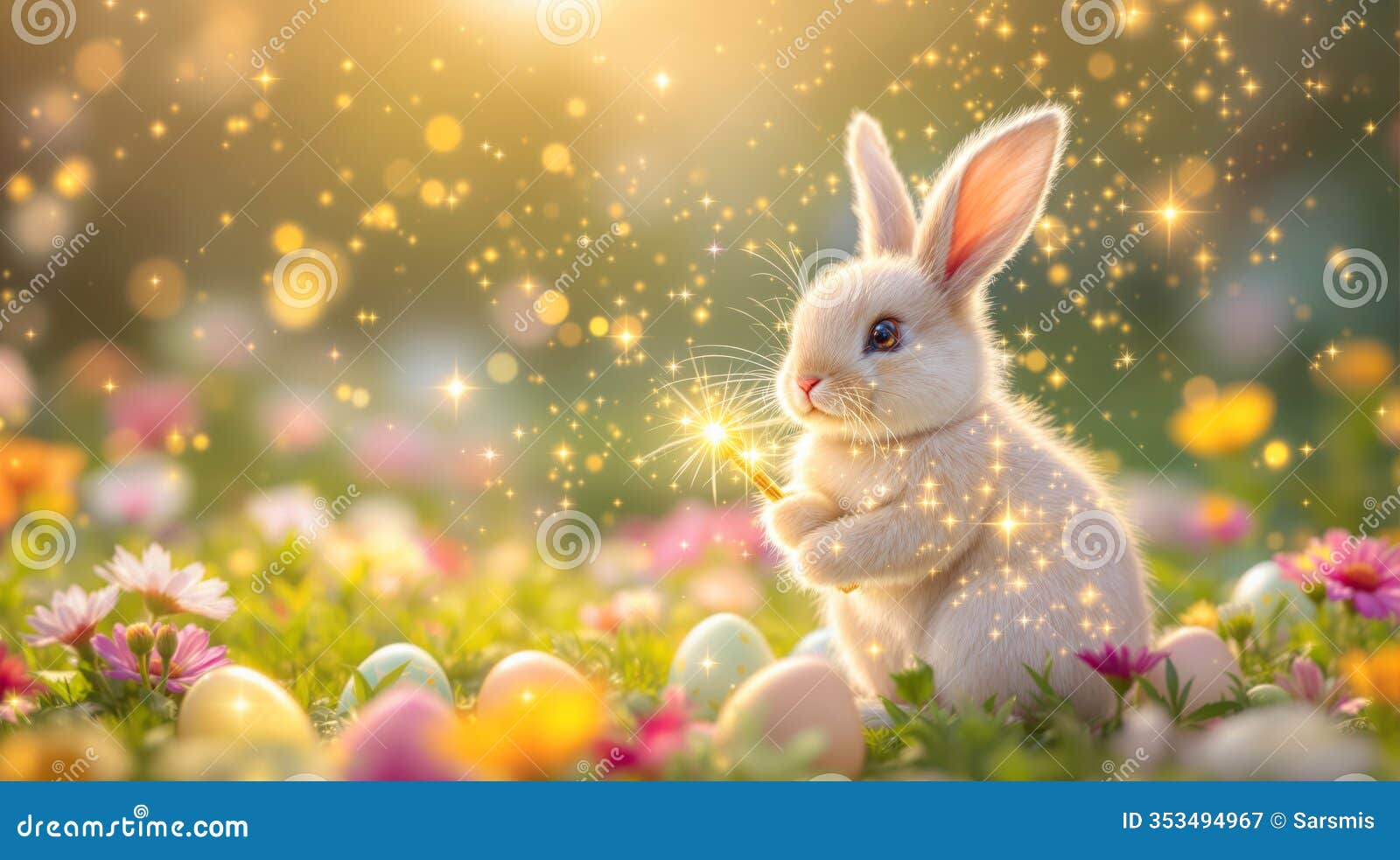 Magical Easter Bunny in a Sparkling Spring Meadow with Colorful Eggs ...