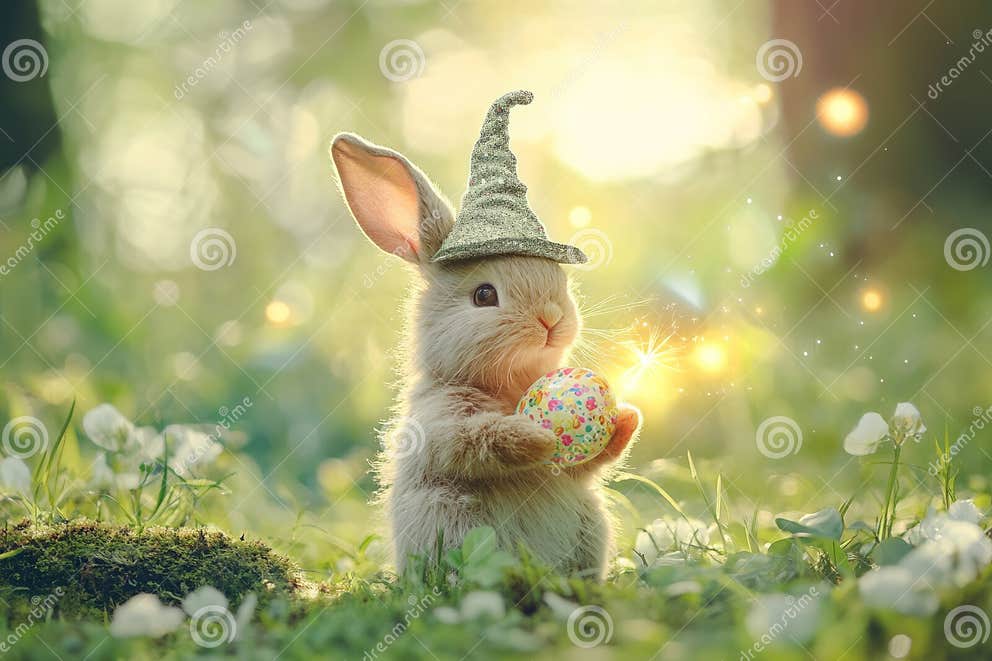 A Magical Easter Bunny Wearing a Tiny Wizard Hat, Casting a Spell that ...