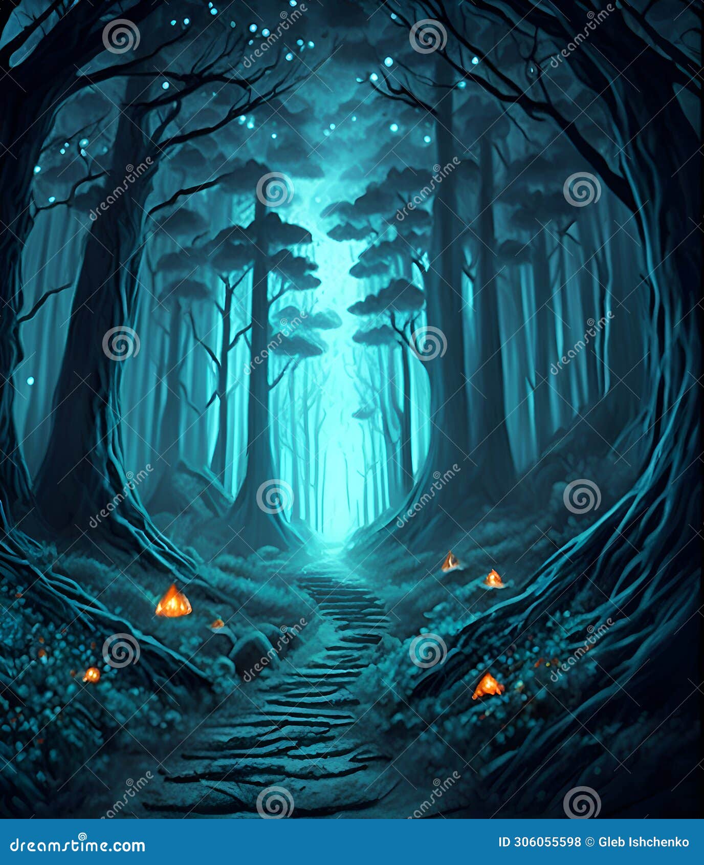 Magical Fairy-tale Dark Forest with a Path and Trees of Unusual Shape ...