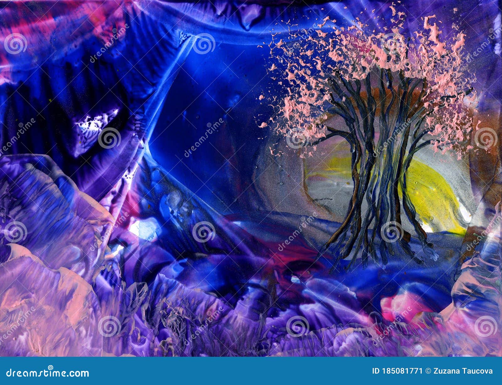 Magical Fantasy Tree On Deep Blue Background And Light Behind It ...