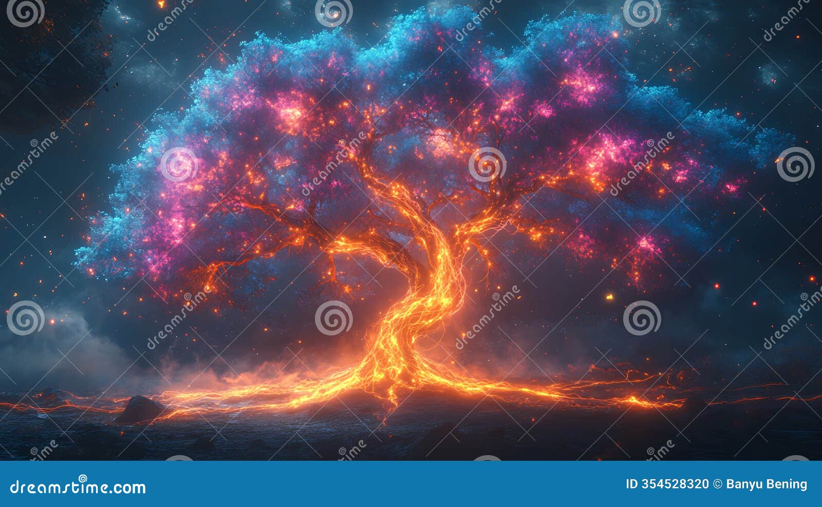 Magical Fire and Ice Tree Glowing at Night Stock Illustration ...