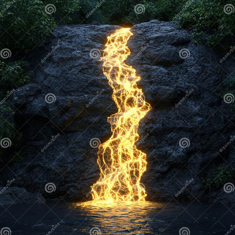 Magical Fire Waterfall in Forest Stock Illustration - Illustration of ...