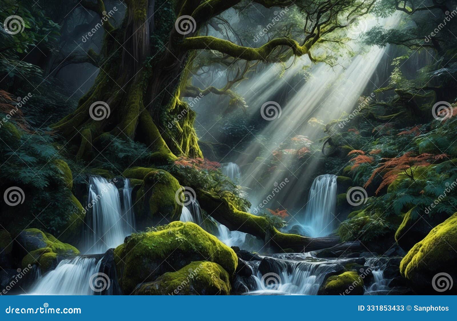 Enchanted Realm: a Mystical Green Forest Landscape with Waterfalls ...