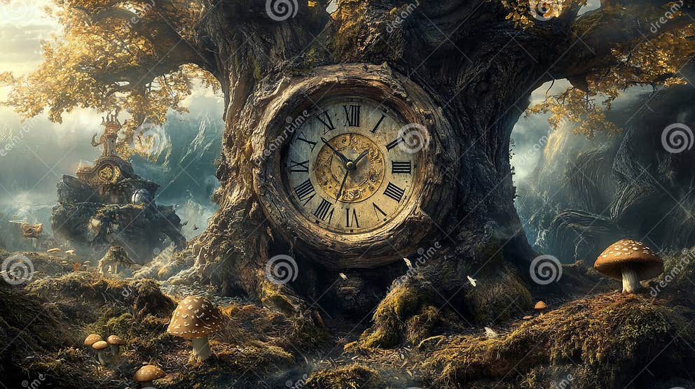 Magical Forest with Ancient Tree and Embedded Clock in Fantasy ...