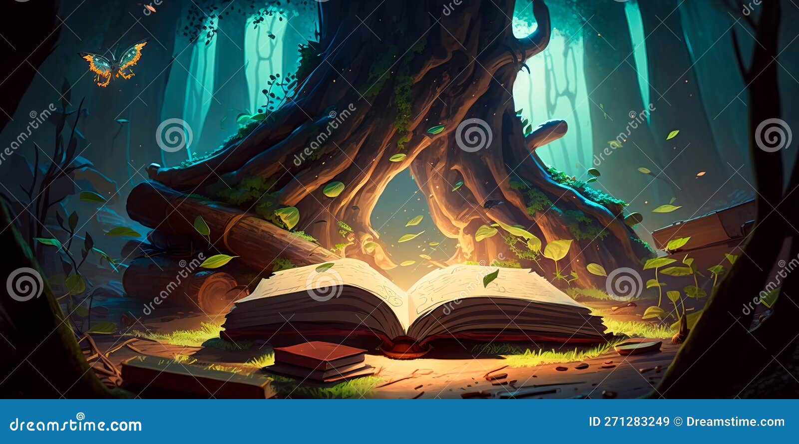 Magical Forest with a Book Hidden in a Tree Stump Generative AI Stock ...