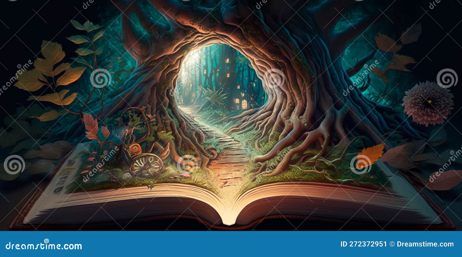 Magical Forest with a Book Hidden in a Tree Stump Generative AI Stock ...
