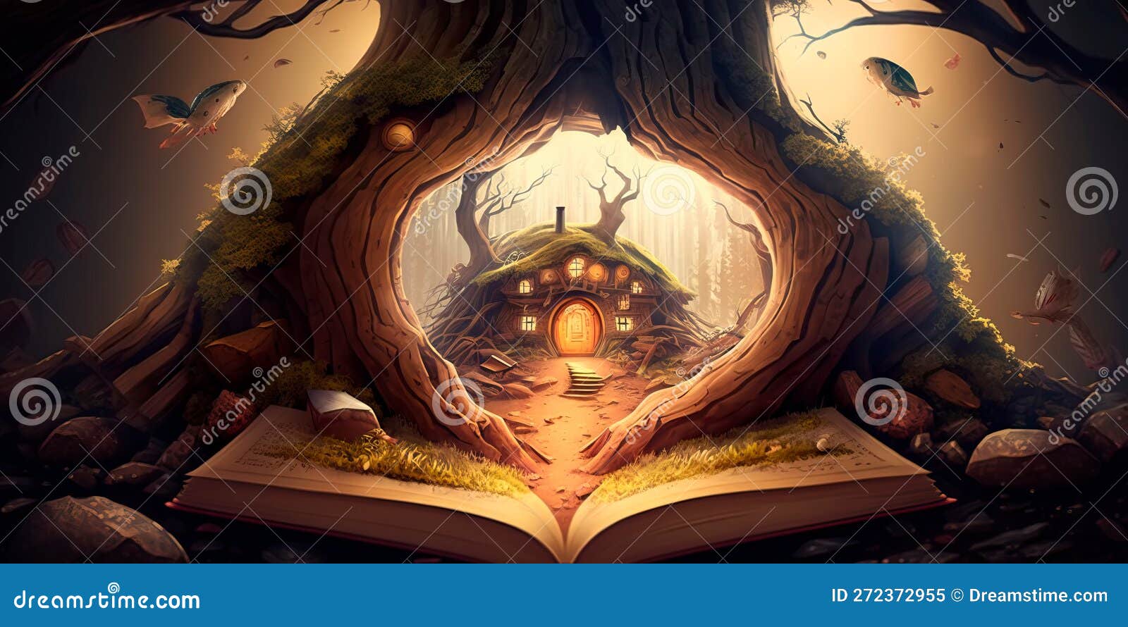 Magical Forest with a Book Hidden in a Tree Stump Generative AI Stock ...